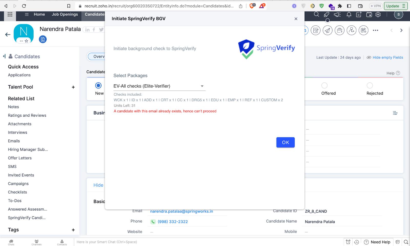 Integration of SpringVerify with Zoho Recruit